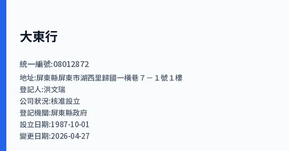 大東行的照片-統編 08012872(屏東縣) 公司登記資料與營業項目詳細圖表