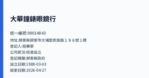 大華鐘錶眼鏡行的照片-統編 08014843(屏東縣) 公司登記資料與營業項目詳細圖表