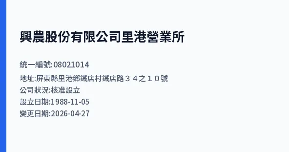 興農股份有限公司里港營業所的照片-統編 08021014(屏東縣) 公司登記資料與營業項目詳細圖表