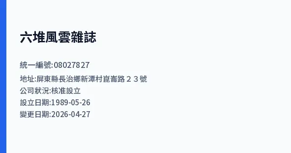 六堆風雲雜誌的照片-統編 08027827(屏東縣) 公司登記資料與營業項目詳細圖表