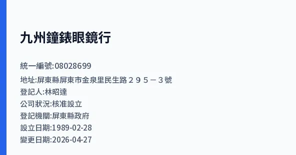九州鐘錶眼鏡行的照片-統編 08028699(屏東縣) 公司登記資料與營業項目詳細圖表