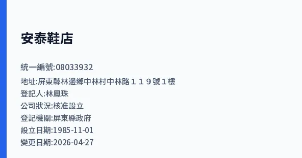 安泰鞋店的照片-統編 08033932(屏東縣) 公司登記資料與營業項目詳細圖表