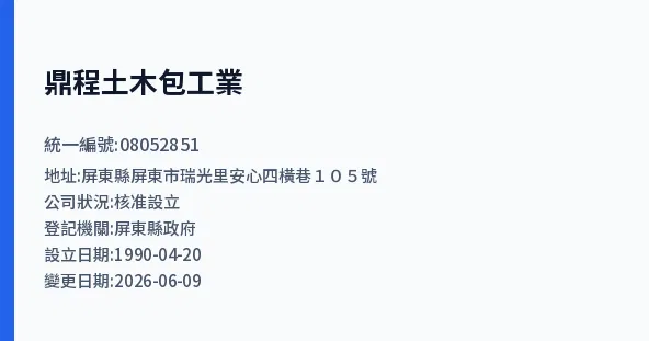 鼎程土木包工業的照片-統編 08052851(屏東縣) 公司登記資料與營業項目詳細圖表
