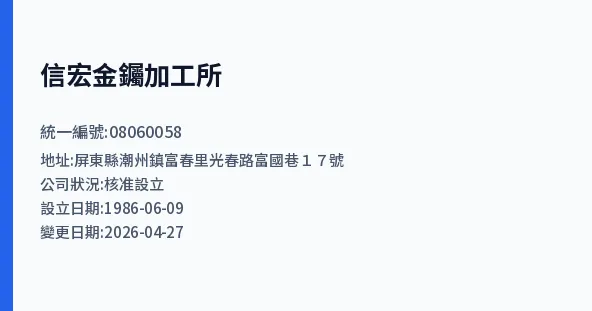 信宏金钃加工所的照片-統編 08060058(屏東縣) 公司登記資料與營業項目詳細圖表