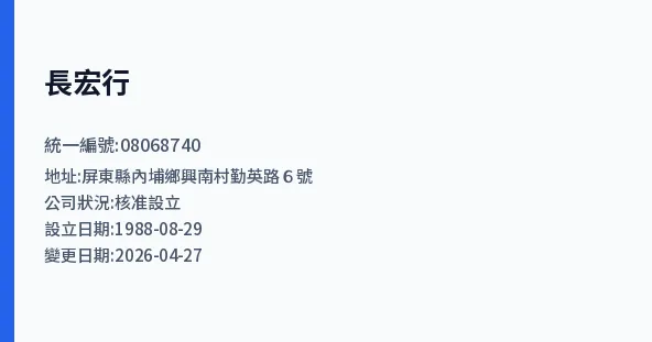 長宏行的照片-統編 08068740(屏東縣) 公司登記資料與營業項目詳細圖表