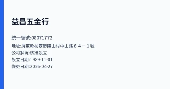 益昌五金行的照片-統編 08071772(屏東縣) 公司登記資料與營業項目詳細圖表