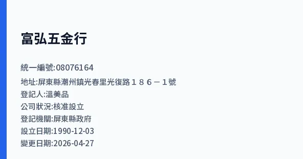 富弘五金行的照片-統編 08076164(屏東縣) 公司登記資料與營業項目詳細圖表