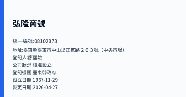 弘隆商號的照片-統編 08102873(臺東縣) 公司登記資料與營業項目詳細圖表