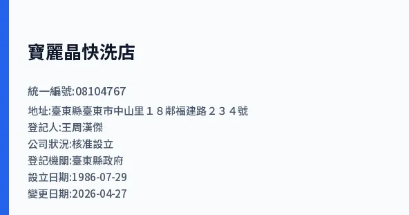寶麗晶快洗店的照片-統編 08104767(臺東縣) 公司登記資料與營業項目詳細圖表