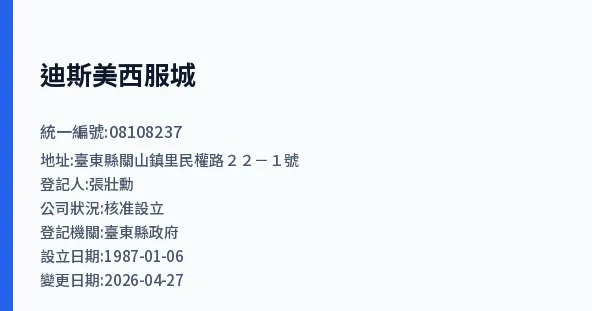 迪斯美西服城的照片-統編 08108237(臺東縣) 公司登記資料與營業項目詳細圖表