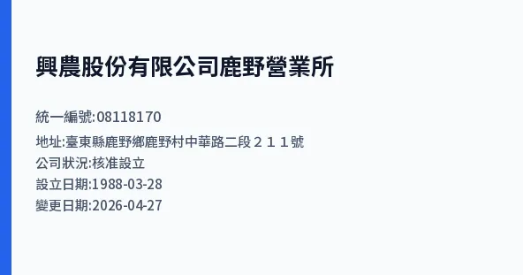 興農股份有限公司鹿野營業所的照片-統編 08118170(臺東縣) 公司登記資料與營業項目詳細圖表