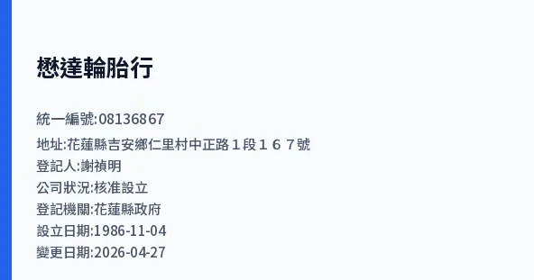 懋達輪胎行的照片-統編 08136867(花蓮縣) 公司登記資料與營業項目詳細圖表