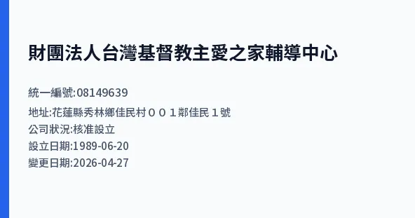 財團法人台灣基督教主愛之家輔導中心的照片-統編 08149639(花蓮縣) 公司登記資料與營業項目詳細圖表