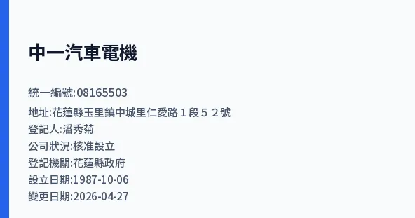 中一汽車電機的照片-統編 08165503(花蓮縣) 公司登記資料與營業項目詳細圖表