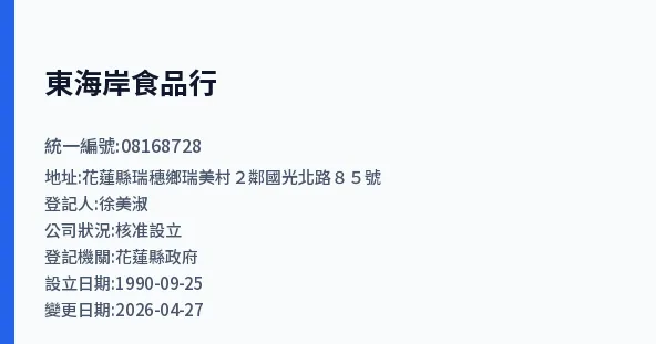 東海岸食品行的照片-統編 08168728(花蓮縣) 公司登記資料與營業項目詳細圖表