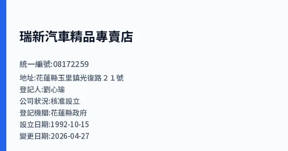瑞新汽車精品專賣店的照片-統編 08172259(花蓮縣) 公司登記資料與營業項目詳細圖表