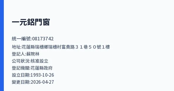 一元鋁門窗的照片-統編 08173742(花蓮縣) 公司登記資料與營業項目詳細圖表