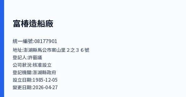 富椿造船廠的照片-統編 08177901(澎湖縣) 公司登記資料與營業項目詳細圖表