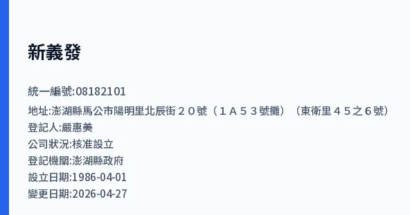 新義發的照片-統編 08182101(澎湖縣) 公司登記資料與營業項目詳細圖表