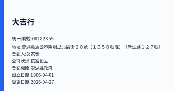 大吉行的照片-統編 08182355(澎湖縣) 公司登記資料與營業項目詳細圖表