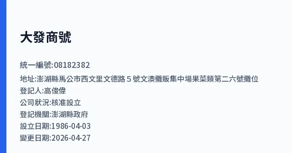 大發商號的照片-統編 08182382(澎湖縣) 公司登記資料與營業項目詳細圖表