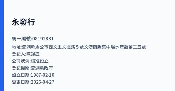 永發行的照片-統編 08192831(澎湖縣) 公司登記資料與營業項目詳細圖表