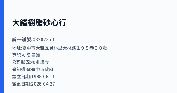 大鎰樹脂砂心行的照片-統編 08287371(臺中市) 公司登記資料與營業項目詳細圖表