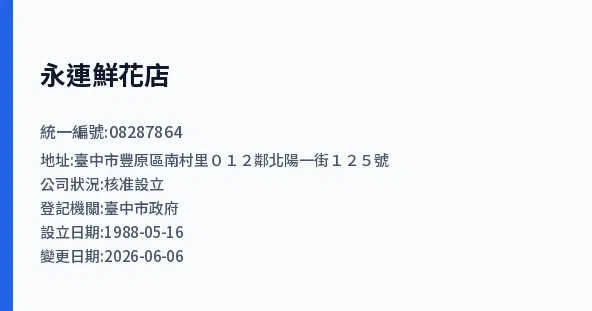 永連鮮花店的照片-統編 08287864(臺中市) 公司登記資料與營業項目詳細圖表