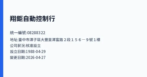 翔鉅自動控制行的照片-統編 08288322(臺中市) 公司登記資料與營業項目詳細圖表