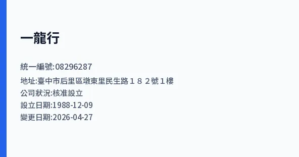 一龍行的照片-統編 08296287(臺中市) 公司登記資料與營業項目詳細圖表