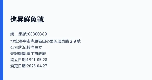 進昇鮮魚號的照片-統編 08300389(臺中市) 公司登記資料與營業項目詳細圖表