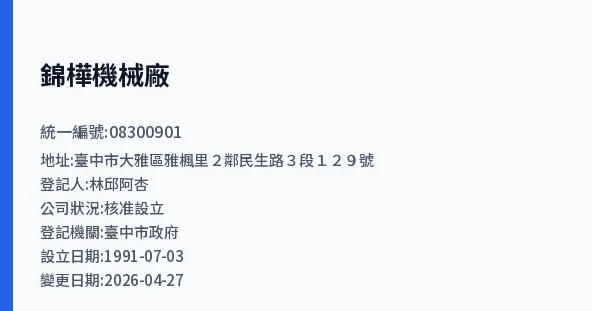 錦樺機械廠的照片-統編 08300901(臺中市) 公司登記資料與營業項目詳細圖表