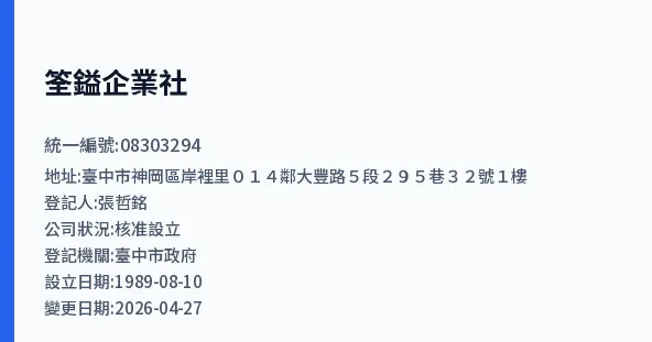 筌鎰企業社的照片-統編 08303294(臺中市) 公司登記資料與營業項目詳細圖表