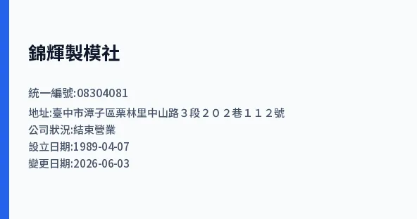 錦輝製模社的照片-統編 08304081(臺中市) 公司登記資料與營業項目詳細圖表