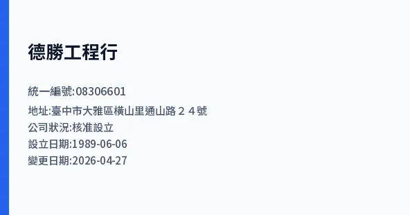 德勝工程行的照片-統編 08306601(臺中市) 公司登記資料與營業項目詳細圖表
