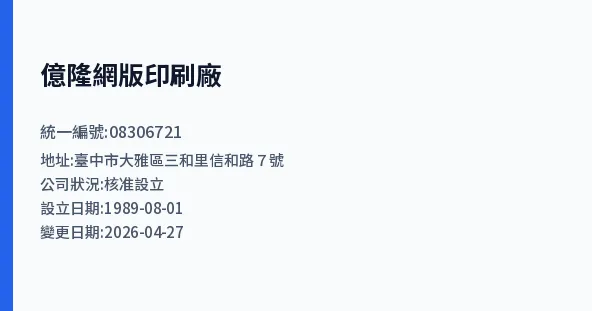 億隆網版印刷廠的照片-統編 08306721(臺中市) 公司登記資料與營業項目詳細圖表