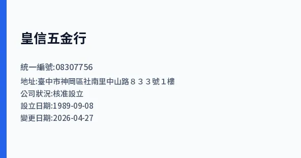 皇信五金行的照片-統編 08307756(臺中市) 公司登記資料與營業項目詳細圖表