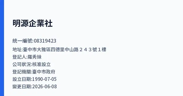 明源企業社的照片-統編 08319423(臺中市) 公司登記資料與營業項目詳細圖表