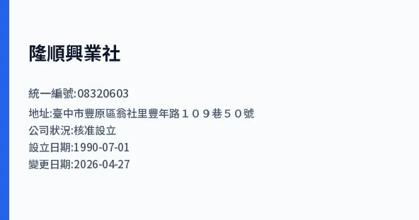 隆順興業社的照片-統編 08320603(臺中市) 公司登記資料與營業項目詳細圖表