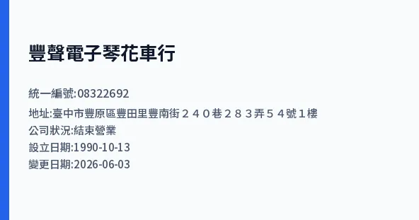 豐聲電子琴花車行的照片-統編 08322692(臺中市) 公司登記資料與營業項目詳細圖表