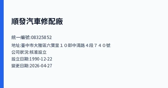 順發汽車修配廠的照片-統編 08325852(臺中市) 公司登記資料與營業項目詳細圖表