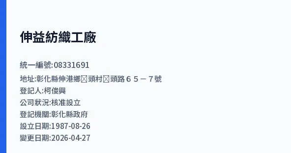 伸益紡織工廠的照片-統編 08331691(彰化縣) 公司登記資料與營業項目詳細圖表