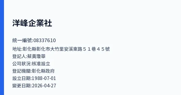 洋峰企業社的照片-統編 08337610(彰化縣) 公司登記資料與營業項目詳細圖表