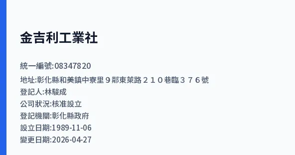金吉利工業社的照片-統編 08347820(彰化縣) 公司登記資料與營業項目詳細圖表