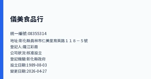 儀美食品行的照片-統編 08355314(彰化縣) 公司登記資料與營業項目詳細圖表