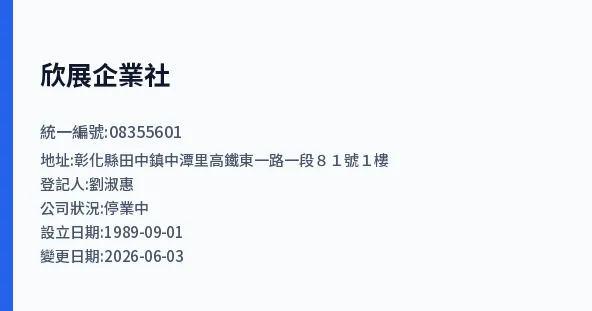 欣展企業社的照片-統編 08355601(彰化縣) 公司登記資料與營業項目詳細圖表