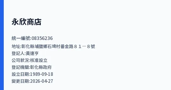 永欣商店的照片-統編 08356236(彰化縣) 公司登記資料與營業項目詳細圖表