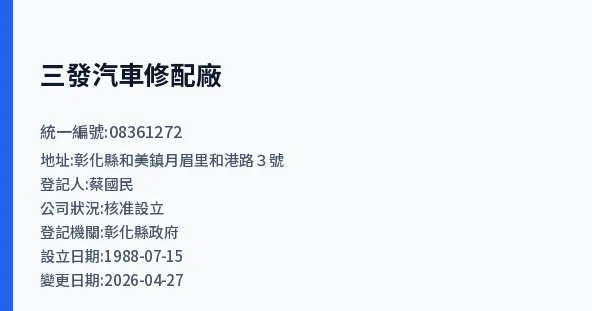 三發汽車修配廠的照片-統編 08361272(彰化縣) 公司登記資料與營業項目詳細圖表