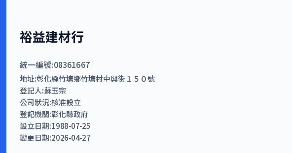 裕益建材行的照片-統編 08361667(彰化縣) 公司登記資料與營業項目詳細圖表