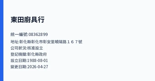 東田廚具行的照片-統編 08362899(彰化縣) 公司登記資料與營業項目詳細圖表